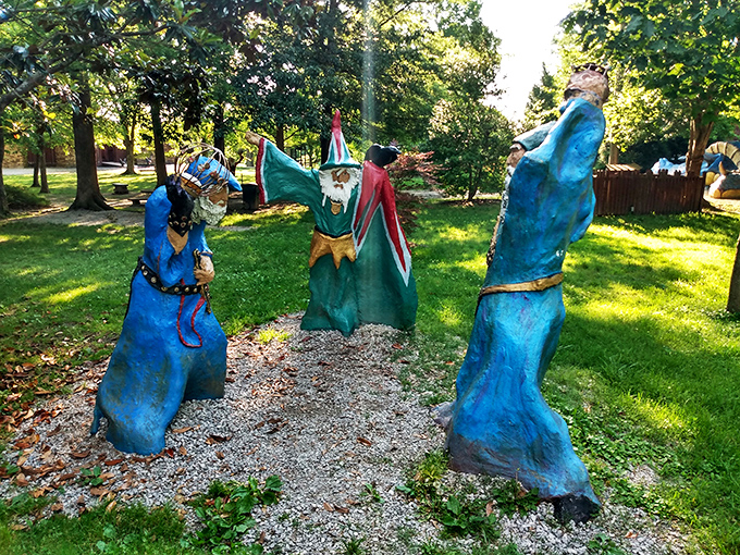 Wizards' convention or avant-garde lawn ornaments? These blue-robed figures at Castle Park cast a spell of whimsy on Carbondale's landscape.
