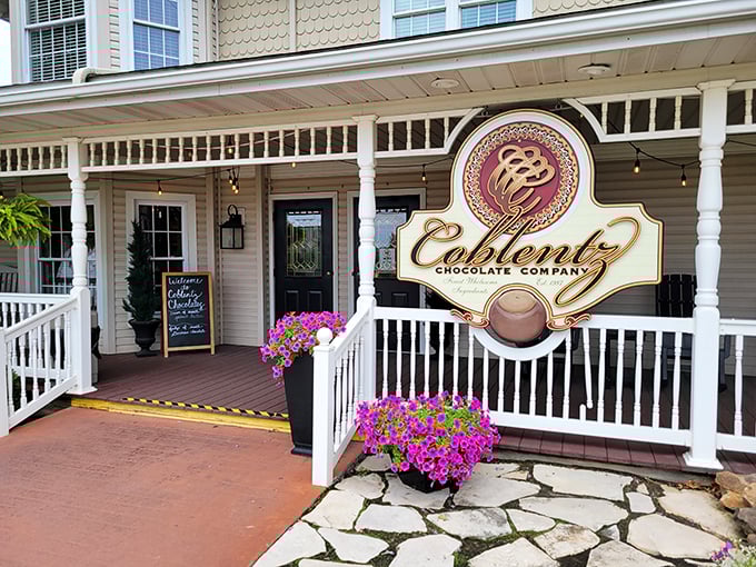 Welcome to chocolate heaven! Coblentz's charming porch invites you in like a sweet-toothed fairy tale. Willy Wonka, eat your heart out!