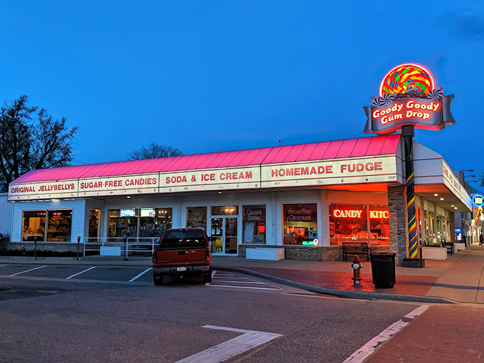 Candy wonderland alert! Goody Goody Gum Drop's neon sign is brighter than a disco ball at Studio 54. Sweet dreams are made of this!