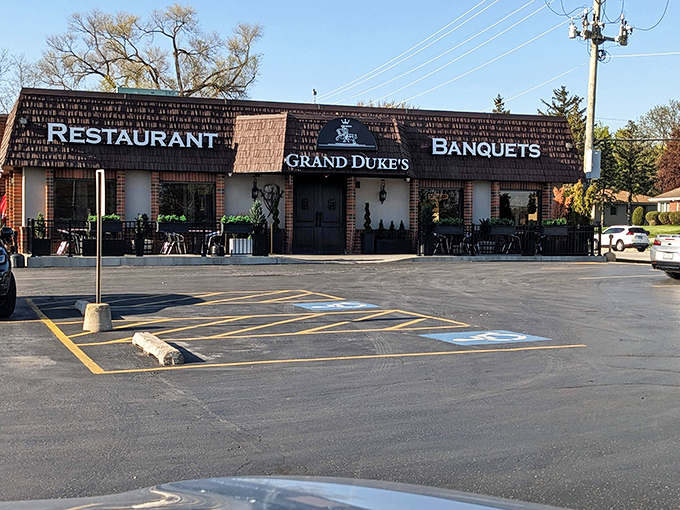 Grand Duke's: Where Eastern European royalty meets Midwest hospitality. This facade promises a feast fit for a king&mdash;or a really hungry commoner!