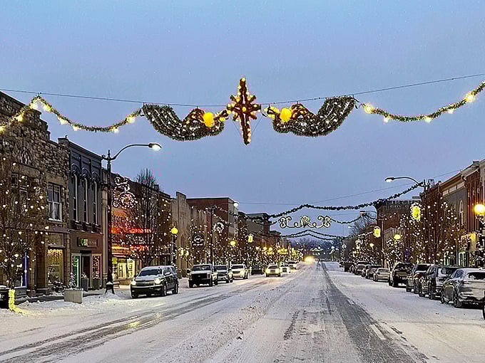 Marshall's main street: Where Norman Rockwell meets Hallmark movie magic. Twinkling lights and historic charm create a winter wonderland straight out of your favorite Christmas special.