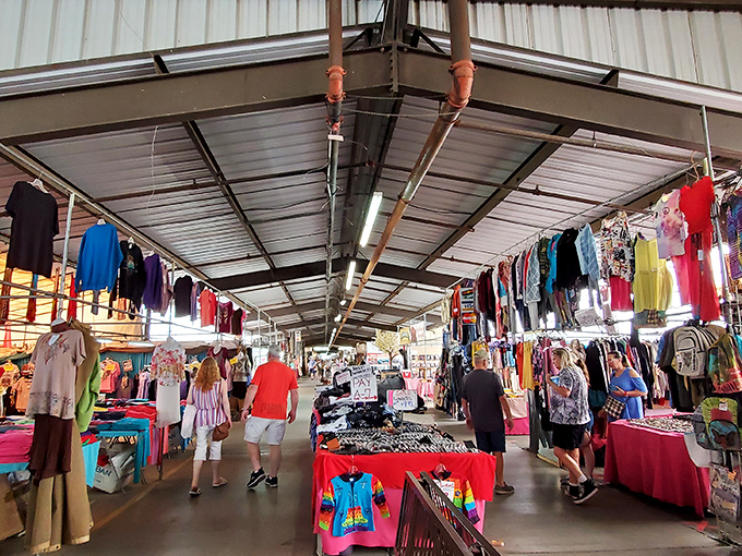 Mesa Market Place: Where bargain hunters' dreams come true! Rows of colorful clothes and knick-knacks stretch as far as the eye can see.