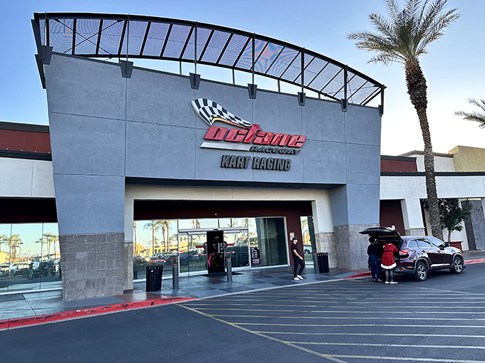 Octane Raceway: Where speed meets style! This sleek facade hides a heart-pounding indoor/outdoor track that'll make you feel like a Formula 1 star.