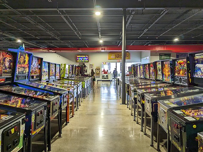 Past Times Arcade: A pinball wizard's paradise! Rows of gleaming machines stretch as far as the eye can see, each one a portal to nostalgia.