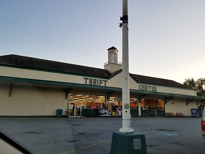 Thrift Center: Where time stands still, but fashion moves forward! This clock-towered treasure trove is a bargain hunter's dream come true.