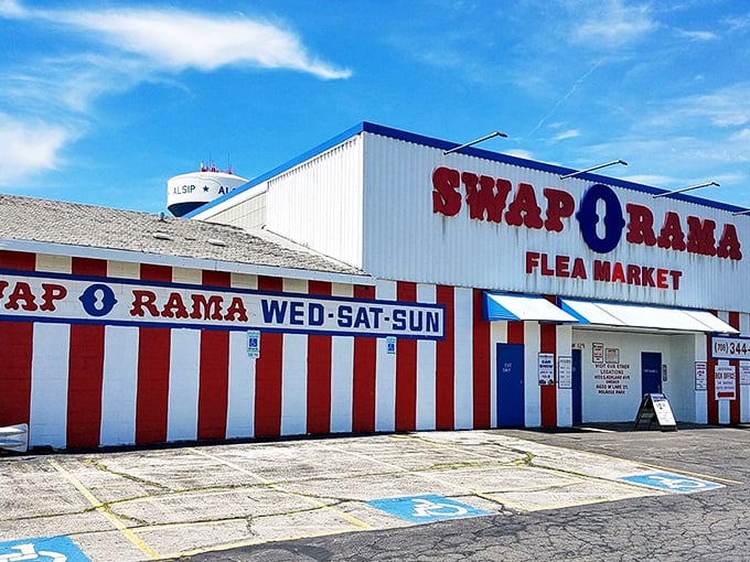Welcome to Swap-O-Rama, where the red and white stripes aren't just patriotic—they're a beacon for bargain hunters! This flea market wonderland is like a circus for your wallet.