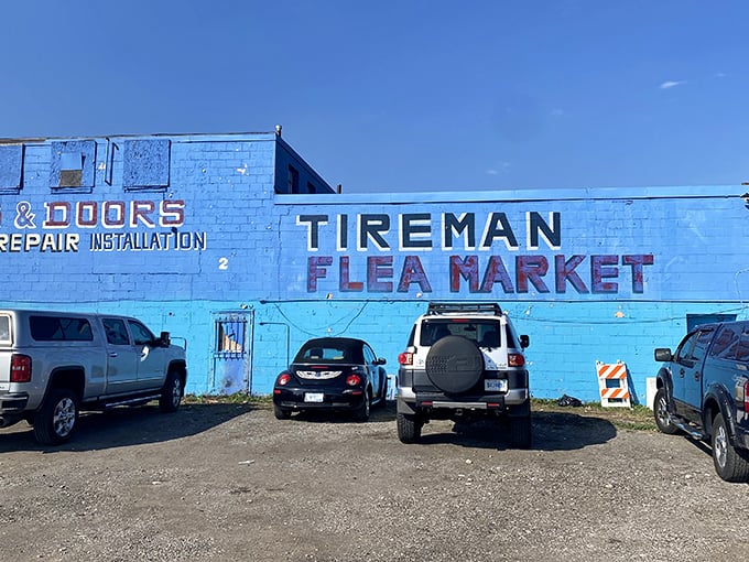 Welcome to the blue lagoon of bargains! Tireman Flea Market's exterior promises a sea of treasures inside.