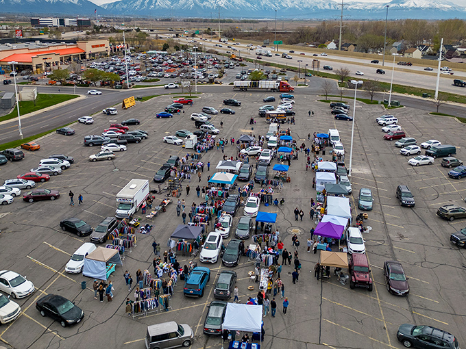 A sea of tents and treasures! The Utah Valley Flea Market turns a parking lot into a bargain hunter's paradise. It's like Where's Waldo, but with vintage finds.