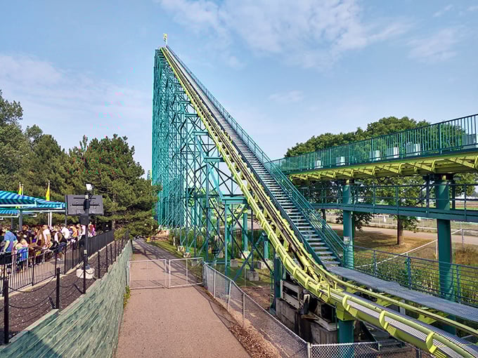 "Buckle up, buttercup! This green giant isn't serving vegetables &ndash; it's dishing out pure, gravity-defying thrills faster than you can say 'uff da!'"