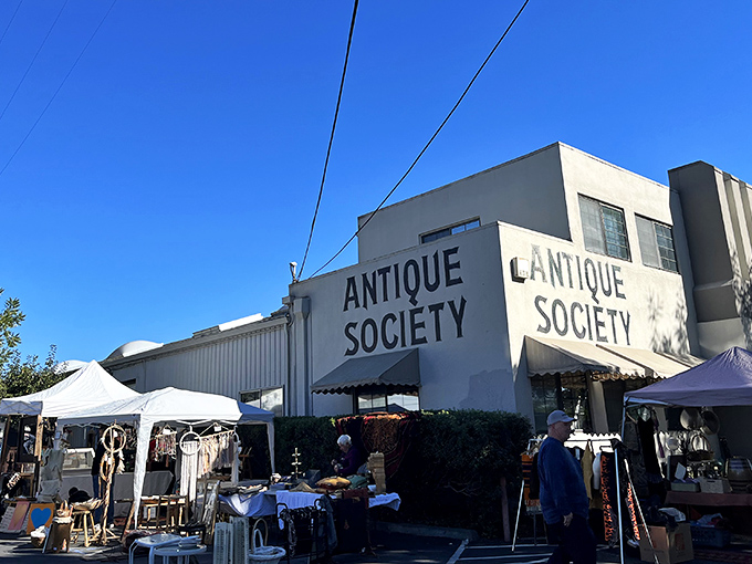 Outside Antique Society, it's like a tailgate party for time travelers. Bring your own century!