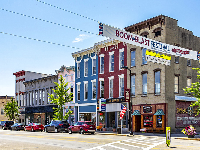 Boom goes the charm! Eaton's Main Street, decked out for its festival, is like a Norman Rockwell painting come to life &ndash; with traffic lights.