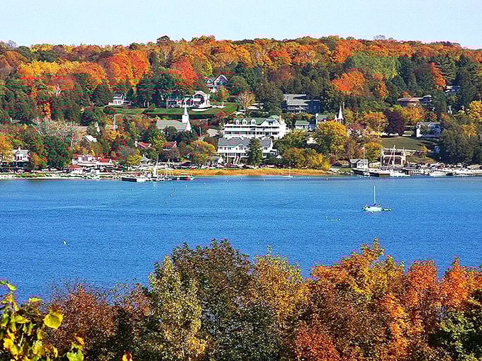 Autumn in Ephraim: A painter's palette come to life. The fall foliage reflects off the tranquil waters, creating a scene straight out of a Hallmark movie.