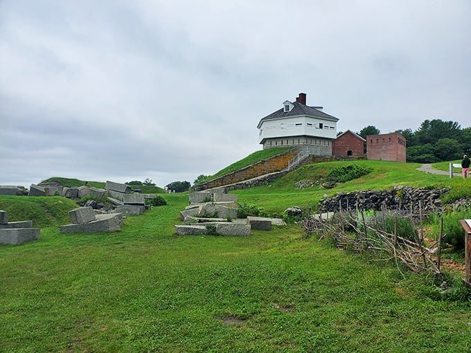 History with a view! Fort McClary's hexagonal blockhouse stands guard, while visitors soak in panoramic vistas of the Piscataqua River.