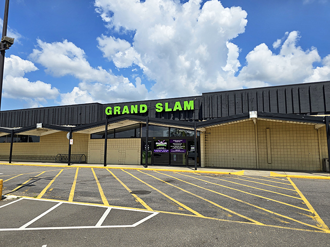 Neon lights, arcade delights! Grand Slam's facade promises a world of excitement inside. Ready to play ball with your inner child?