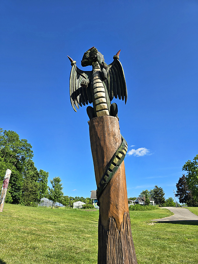 Dragon or modern art? This wooden beast at Leila Arboretum has me questioning reality. Daenerys would approve!