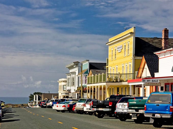 Mendocino's Main Street: Where Victorian charm meets Pacific breeze. Bet those buildings have some stories to tell!