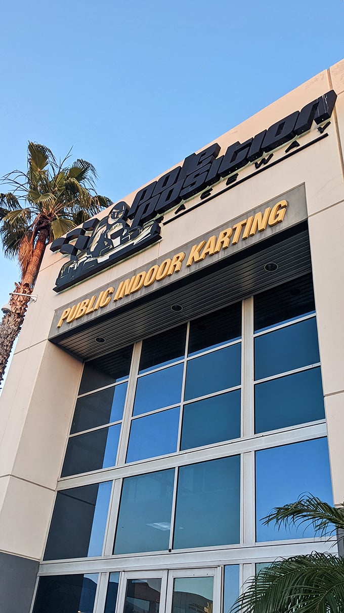 Welcome to speed paradise! Pole Position's sleek facade promises more thrills than a roller coaster designed by NASA engineers.