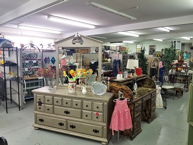 Furniture time machine alert! This aisle at Rediscovered Treasures could furnish your grandma's living room or a hip retro cafe.