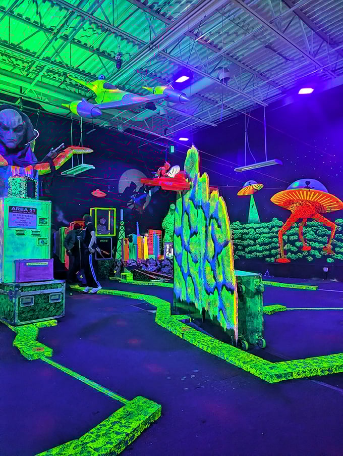 Beam me up, Scotty! This otherworldly putting paradise looks like NASA's rec room after hours.