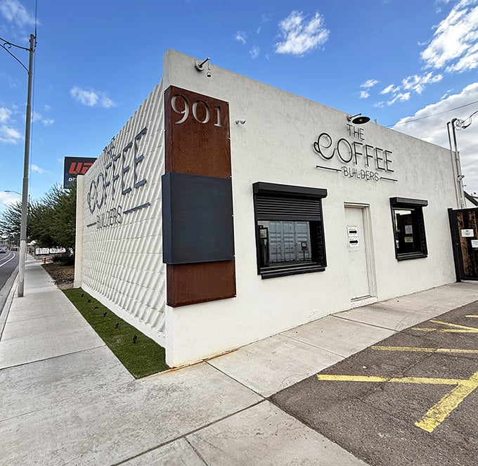 Minimalist chic meets maximum flavor at The Coffee Builders. It's like Frank Lloyd Wright designed a caffeine wonderland!