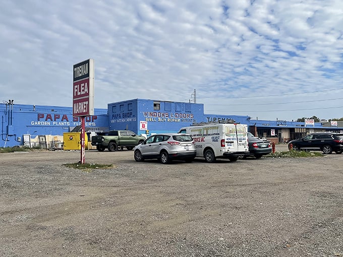 Blue walls, bold deals! Tireman's no-frills exterior hides a world of wonders within.