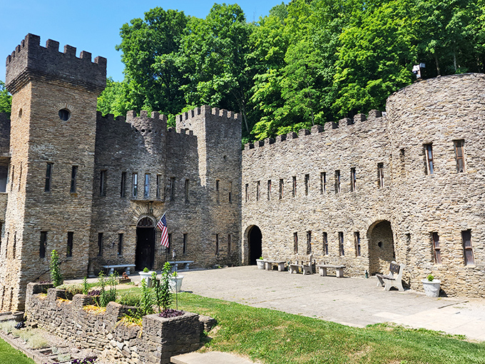 Stone walls and American flags? It's not a time-travel mix-up&mdash;just Loveland Castle blending eras with charm.