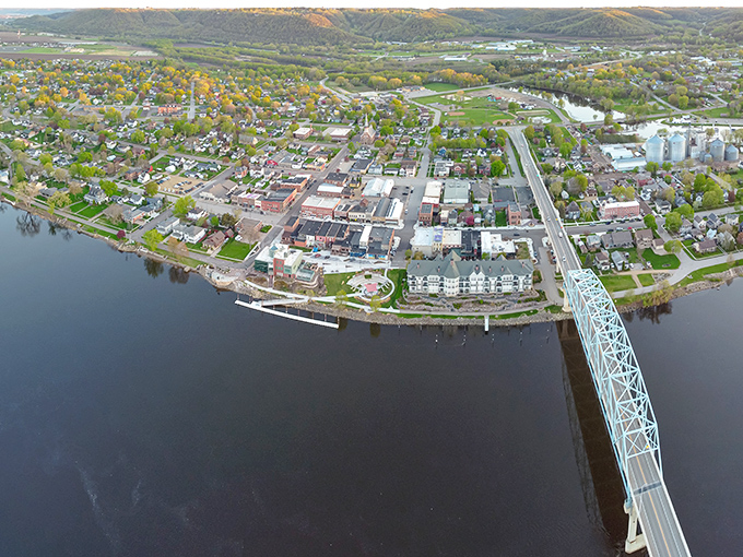 Bird's eye bliss: From up here, Wabasha looks like a cozy quilt of Midwest charm, stitched together by the mighty Mississippi and framed by rolling bluffs.