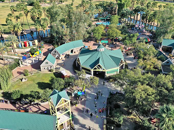 A bird's eye view of joy! This aerial shot showcases Enchanted Island's layout, looking like a Candyland board game come to life in the Arizona desert.
