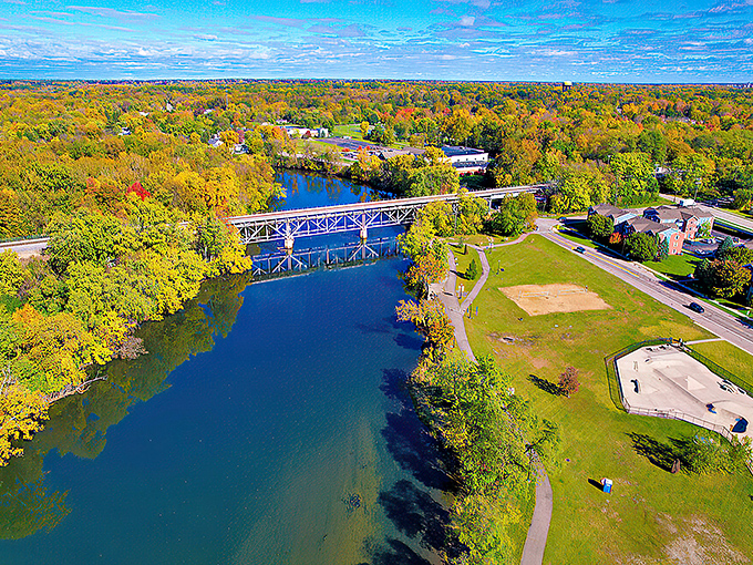 A bird's-eye view that'll make you swoon! Niles unfolds like a patchwork quilt of autumn hues, with the St. Joseph River cutting a blue ribbon through the landscape.