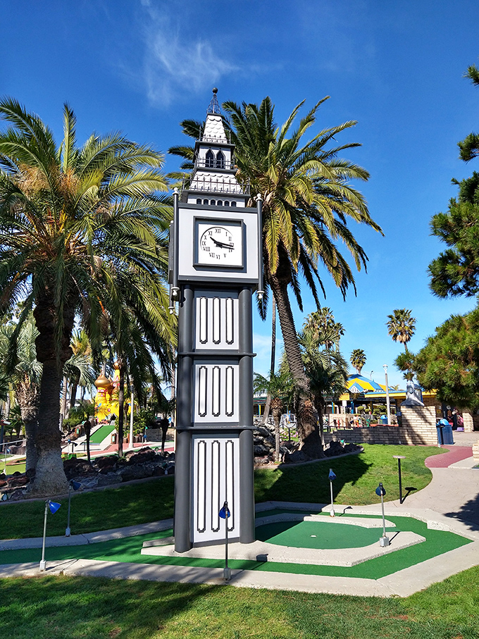 Time stands still at Golf N' Stuff, but this clock tower keeps ticking. A landmark that's seen more hole-in-ones than a donut shop.