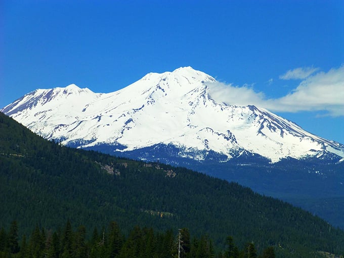 Mount Shasta stands sentinel, a snow-capped giant keeping watch over the land. Winter's masterpiece or Earth's largest ice cream sundae? You decide.