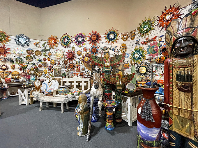 Step into a kaleidoscope of memories! This corner bursts with colorful suns, quirky statues, and enough whimsy to make even the Cheshire Cat dizzy.