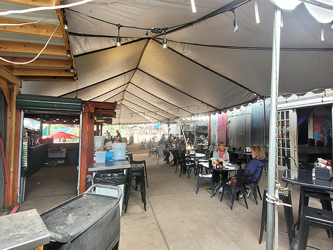 Dine under the stars (well, almost)! This outdoor seating area is perfect for enjoying a meal and soaking up that laid-back New Mexico vibe.