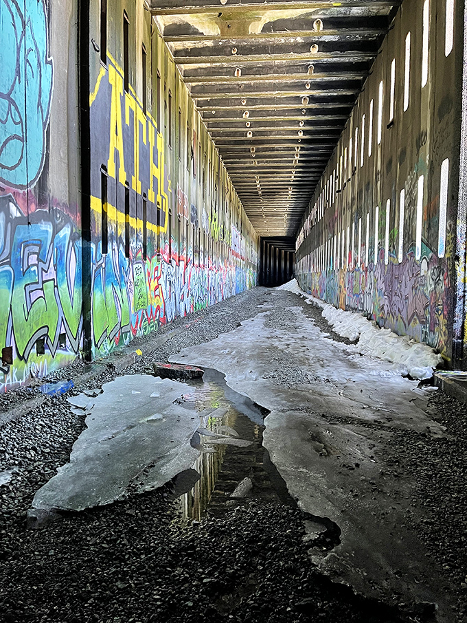 Picasso meets the Wild West! The vibrant graffiti transforms this historic tunnel into a subterranean art gallery.