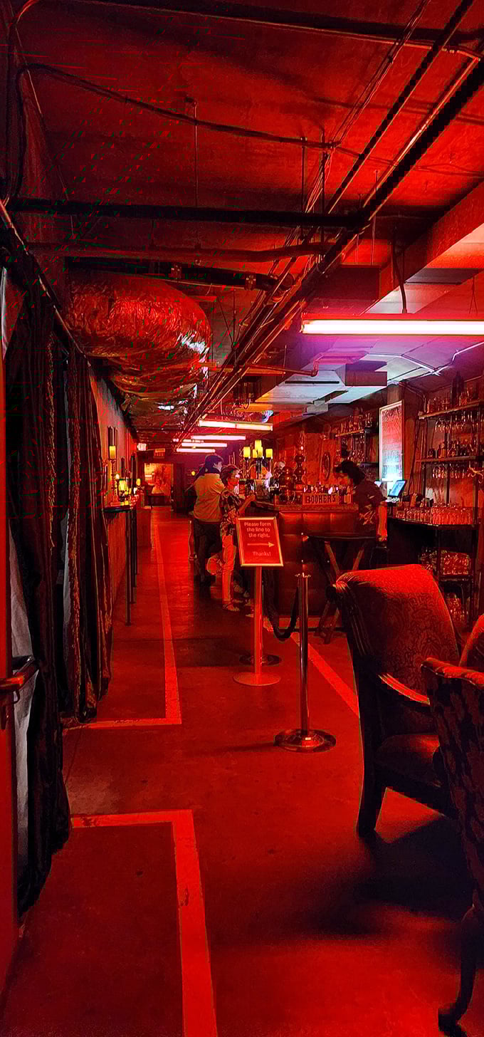 Step into a crimson-hued time machine. The bar's moody lighting sets the stage for an evening of intrigue and expertly crafted libations.