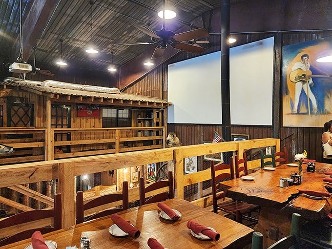 Rustic charm meets meaty magic. This interior could double as a steakhouse or the coziest log cabin you've ever seen.