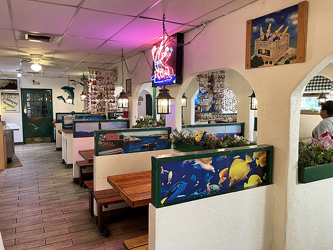 Step inside and dive into a whimsical underwater world. The decor here is as eclectic as a mermaid's garage sale, but twice as charming.