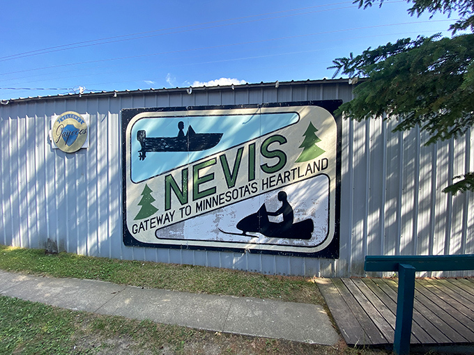 Gateway to Minnesota's heartland or portal to a fishy dimension? This sign has me hook, line, and sinker for Nevis's charm.