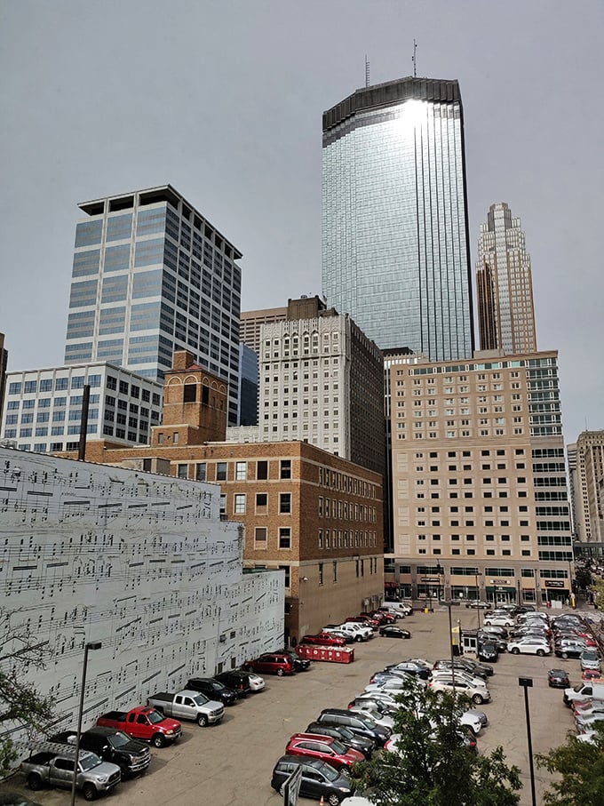 Skyscrapers and staves collide! The Music Wall stands tall among Minneapolis's urban landscape, proving art can hit all the right notes.