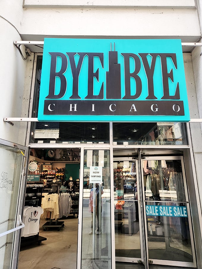 Step into a world where Chicago pride meets retail therapy. This turquoise sign is your gateway to a wonderland of Windy City wonders.
