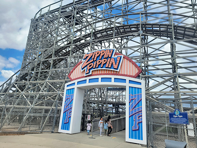 Step right up, folks! This retro-cool entrance is your portal to a world of wooden coaster magic. Elvis would approve!
