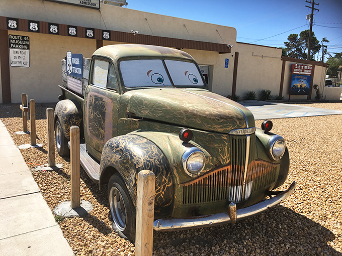 Eyes on the road! This vintage beauty, decked out in cartoon charm, proves that even classic cars can have a sense of humor.