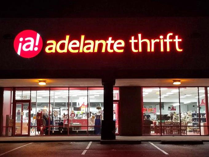 Night or day, Adelante Thrift's neon sign beckons bargain hunters like a lighthouse for the frugally fashionable.