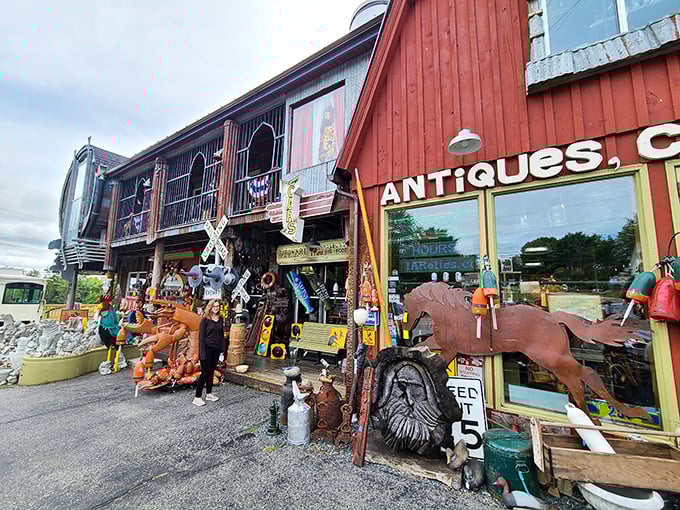 Step right up to the greatest show on Earth! This antique emporium's facade is more crowded than a clown car at the circus.