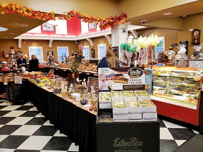 Step into a Willy Wonka dream! This checkered floor leads to a wonderland of confections, where every shelf is a treasure trove of sugary delights.