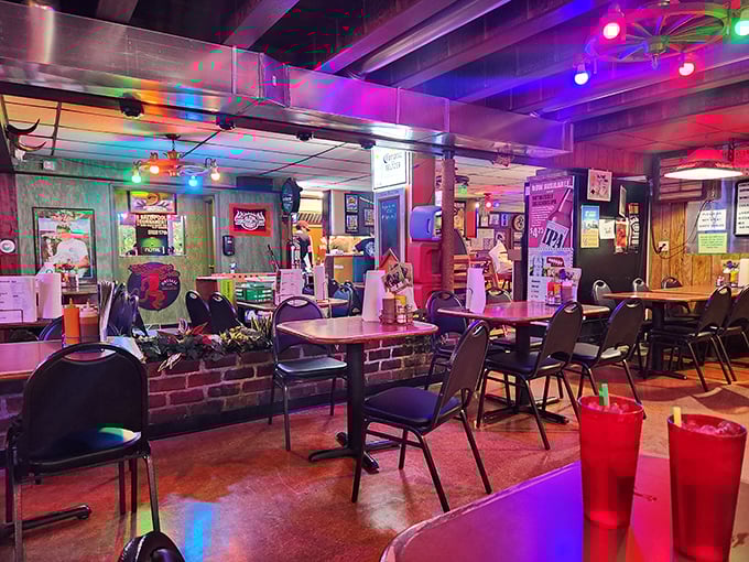 Step into a time warp of neon and nostalgia. The Alpine Inn's interior is a feast for the eyes and a prelude to the feast for your stomach.