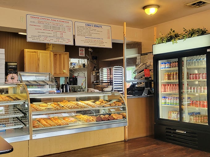 Donut heaven awaits! This display case is like a treasure chest of fried dough delights, each one calling your name louder than the last.
