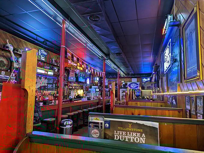 Step into a neon-lit wonderland where beer signs glow like beacons of hope and the bar beckons like an old friend.