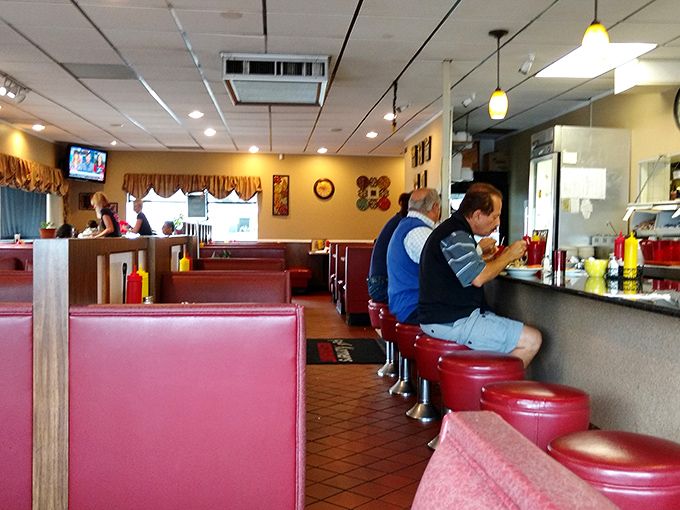 Step into a time machine of taste! Red vinyl booths and friendly faces transport you to a simpler era where calories don't count and coffee flows freely.