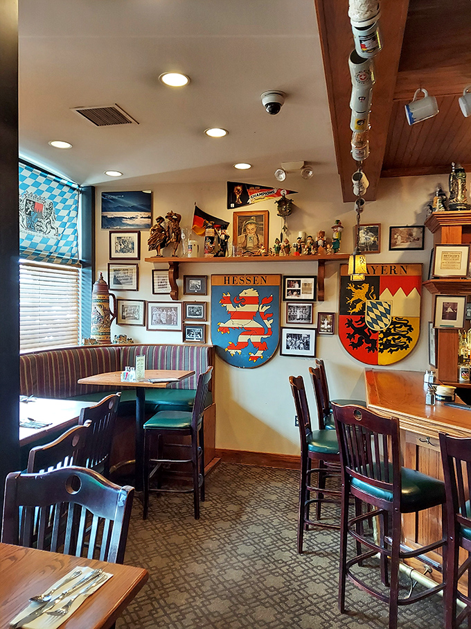 Step inside and you're transported to a cozy corner of Munich. Shields, steins, and snapshots create an atmosphere so authentic, you'll be yodeling in no time.